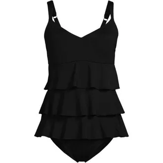 Lands End Badeanzug mit Volants, leicht figurstraffend, Damen, Größe:32-34 regular, Schwarz, Nylon-Mischung, by Lands End