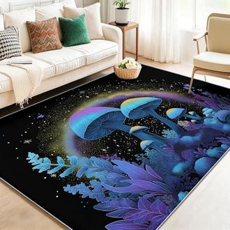 Generic Tapis 140 x 200 cm Lavable Poil Ras Anti Slip Chambre - Fantaisie &Eacute;tincelant Plantes Champignons Th&egrave;me Tapis de Salon, Violet Moquette Decoration Mais