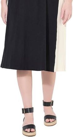 Ulla Popken Femme Grandes Tailles Jupe midi, Ourlet asym&eacute;trique, Poches, Taille &eacute;lastique, Coton Bio Noir 46+ 837495100-46+