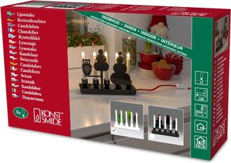 Konstsmide Holzleuchter, weiß lackiert, mit farbiger Metalldekorationen Eule, 5 klare Birnen, 24V Innentrafo, rotes Textilkabel - 2561-219TR