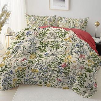 Generic Plante Petite Fleur Sauvage imprimée Housse de Couette, Rouge Réversible Microfibre Parure de lit, Anti-Boulochage Housse de Couette avec Fermeture Éc