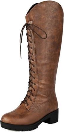 Generic Bottes de combat montantes à lacets pour femme - Large mollet - Plateforme épaisse - Bout rond - Chaussures de moto, marron, 37.5 EU