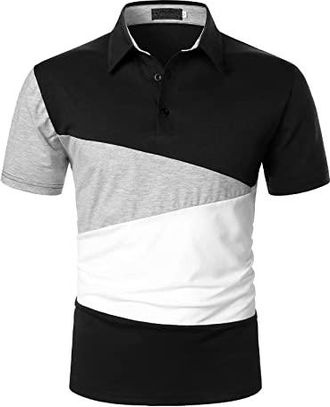 Generic Polo &agrave; manches courtes pour homme - Rayures - Bloc de couleurs - Avec col &agrave; 3 boutons - T-shirts de travail d&eacute;t&eacute; d&eacute;contract&eacute;s, Polos noirs pour hommes