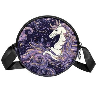 Generic Sac &agrave; bandouli&egrave;re rond pour femme, petit sac &agrave; bandouli&egrave;re licorne avec fermeture &eacute;clair, bretelles r&eacute;glables, sac &agrave; main rond d&eacute;contract&eacute; pour femmes