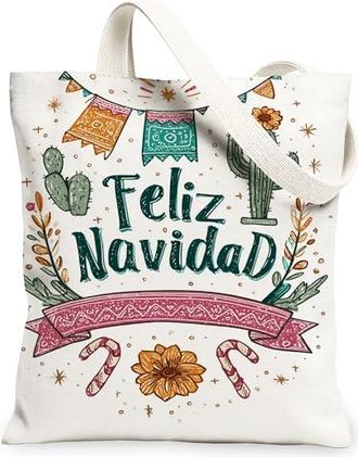 Generic Sacs fourre-tout en toile motif cactus de No&euml;l, sacs d&eacute;picerie r&eacute;utilisables, vintage, boh&egrave;me, l&eacute;ger, lavable en toile pour T, blanc, 13x15 Inch