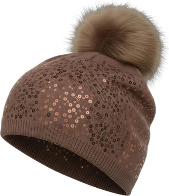 styleBREAKER Feinstrick Bommelm&uuml;tze mit Pailletten und abnehmbarem Kunstfell Bommel, Fellbommel M&uuml;tze, Damen 04024134, Farbe:Braun