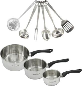 Fackelmann Fackelmann 9446050 Kochtopf-Set, 3-teilig, 12, 16 und 20 cm, Edelstahl 18/8 und 6 Kochutensilien, alle Herdarten, Induktion, PFAS-frei, Edelstahl 18/8