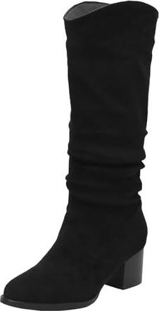 Smilice Bottes montantes pour femme avec talon bloc - Bottes &agrave; enfiler de couleur unie, noir mat, 34 EU