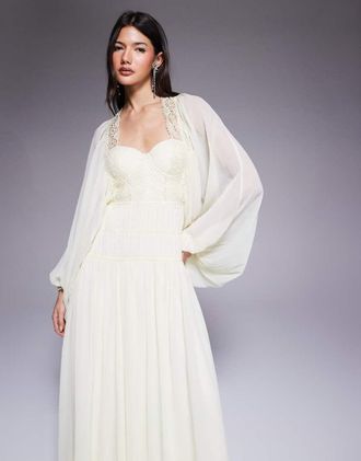 Asos Robe longue style corset &agrave; manches longues et bordures en dentelle - Jaune