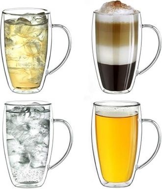 Creano Verre isotherme &agrave; double paroi avec anse - 250 ml - Grand verre &agrave; double paroi en verre borosilicate - Verre &agrave; caf&eacute;/th&eacute; - 4 x 250 ml