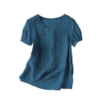 Generic Chemise en lin pour femme habill&eacute;e d&eacute;contract&eacute;e r&eacute;tro broderie fleur hauts &agrave; manches courtes boh&egrave;me d&eacute;t&eacute; tendance tunique fluide, bleu marine, XXL