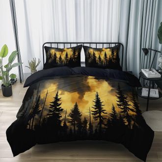 Generic Bettw&auml;sche 200 x 200cm Schwarz Weich Mikrofaser Bettbezug Set mit Rei&szlig;verschluss f&uuml;r Jungen M&auml;dchen Erwachsene Bett Pflanzen Kiefernwald Druck Bettbez