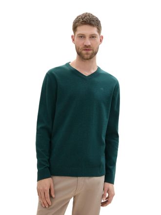 Tom Tailor Herren 1039806 Basic Pullover mit V-Ausschnitt aus Baumwolle, 36296-dark Tree Green Melange, XXL