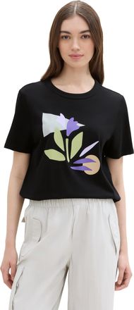 Tom Tailor Damen Basic T-Shirt mit Print,14482 - deep Black, L