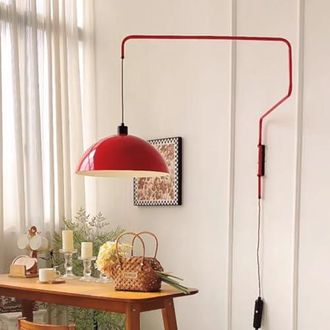 Generic Applique Murale Moderne du Milieu du si&egrave;cle avec Abat-Jour en Forme de d&ocirc;me Rouge - Lampe de Lecture Murale &agrave; Brancher avec Bras pivotant Long pour Ch