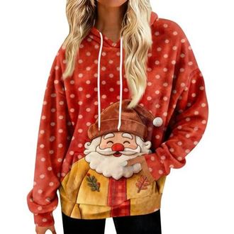 Generic Sweat à capuche de Noël pour femme UK 2025 en flanelle avec motif Père Noël à manches longues - Mode dhiver décontractée - Pull de Noël surdimensionné