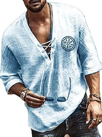 Onsoyours Hommes Chemises Solid Manches Longues Slim Fit Mode Oeil de Poulet à Lacets à Col en V pour Hommes Chemise à Manches Vintage Ample