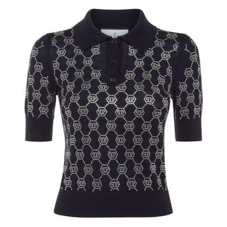Philipp Plein Gestricktes Strass Polo-Neck SS Monogramm - - Tops - Damen - Blau - S