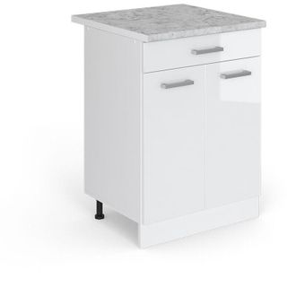 Vicco Meuble cuisine R-Line, Blanc Haute brillance, 60 cm avec tiroir, pt Marbre Vicco