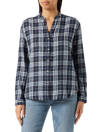 Camel Active Damen Karobluse mit Rundhalsausschnitt Blau, Womenswear-S