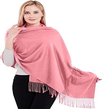 CJ Apparel Épais couleur unie motif pompons en coton mélangé châle écharpe, écharpe, couvre-tête, pashmina, rose, taille unique