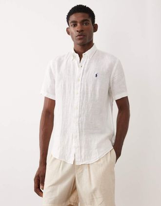 Polo Ralph Lauren Chemise en lin &agrave; manches courtes et logo embl&eacute;matique - Blanc