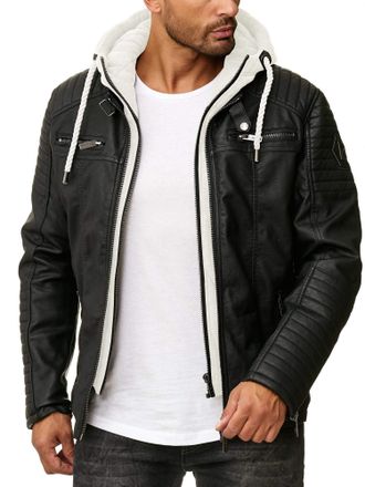 Red Bridge Robuste Lederjacke Kunstleder Bikerjacke mit abnehmbarer Kapuze Schwarz-Ecrumelange 4XL