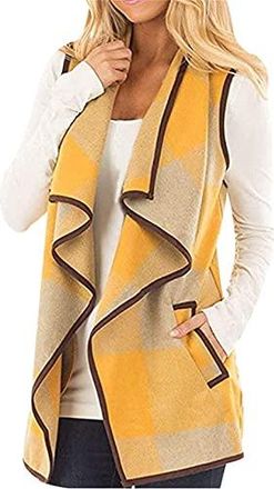 Generic Vestes pour femmes 2026 Gilet &agrave; carreaux sans manches &agrave; revers ouvert sur le devant avec poches, jaune, XXL