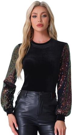 Allegra K Haut en Velours Femme à Paillettes Chemisier à Manches Longues Bouffantes Haut à Col Rond Blouse pour Soirée et Fête Noir S