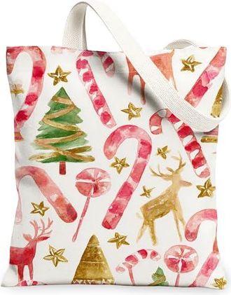 Generic Sacs fourre-tout en toile motif sapin de No&euml;l, motif canne &agrave; sucre, sacs d&eacute;picerie r&eacute;utilisables, vintage, l&eacute;gers et lavables avec bandouli&egrave;re pour T,