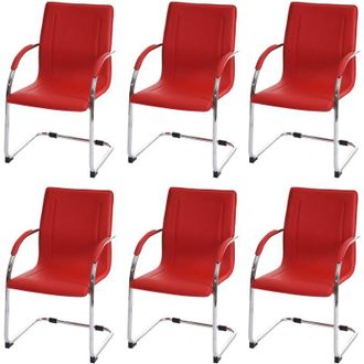 Hhg 6er-Set Esszimmerstuhl Perm, Freischwinger K&uuml;chenstuhl Lehnstuhl Stuhl, Stahl rot