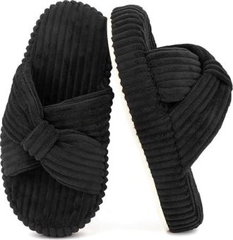 Generic Chaussons Fille Hiver Velours Côtelé Chaud Confortable Pantoufles Enfant Doux Antidérapant Bout Ouvert Chaussons Noir,33 EU