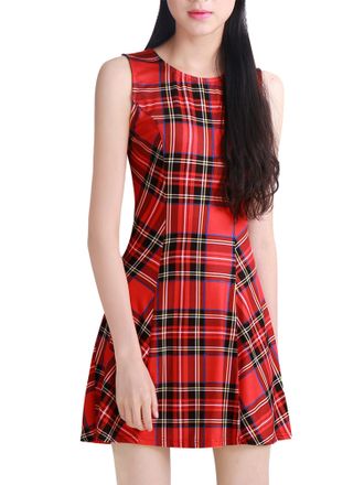 Allegra K Damen Party Kleid A-Linie Rundhals Kariert &Auml;rmellos Elegant Minikleid Rot M