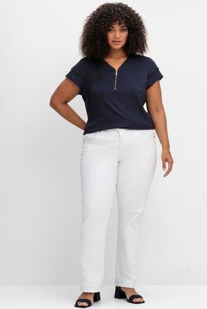 Sheego T-Shirt Shirt Kurzarm mit Zipper am V-Ausschnitt