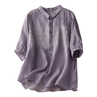 Generic Chemises chinoises en lin pour femme - Style d&eacute;contract&eacute; - Avec broderie florale - Style vintage - Boho - Confortable, violet, XXL