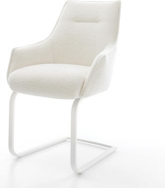 DELIFE Freischwinger Alja-Flex mit Armlehnen Boucl&eacute; Soft Beige Freischwinger flach Wei&szlig; Taschenfederkern, Esszimmerst&uuml;hle