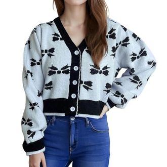 Generic Veste Femme Manches Longues, Veste Femme Chic Et Elegant Gilet Cardigan Ample En Maille Jacquard à Col En V Pour Femme