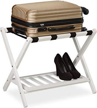 Relaxdays Kofferständer klappbar, Kofferhocker Holz, HBT: 54,5 x 66 x 44,5 cm, 2 Ablagen, Kofferaufbewahrung Hotel, weiß, 10029975_49