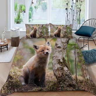 Generic Bettw&auml;sche 200x200 cm Fuchs 3 Teilig Bettbezug 200 x 200 Waldlandschaft Bettw&auml;sche-Sets 3D Weiche Mikrofaser Bettbezug Set mit Rei&szlig;verschluss + 2 Kiss