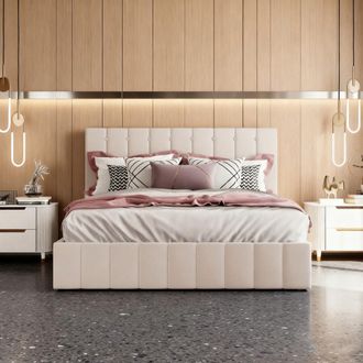 Generic Polsterdoppelbett 140x200 cm mit Hydraulik-Funktion | H&ouml;henverstellbares Kopfteil, Metalllattenrost | Samtstoff Cremewei&szlig; f&uuml;r Erwachsene/Jugendliche