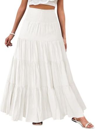 Minetom Femme Ete Jupe Boho Elastique Taille Haute A-Ligne Longue Jupe Maxi Décontractée Vacances LÉté Plage avec Cordon De Serrage B Blanc XS