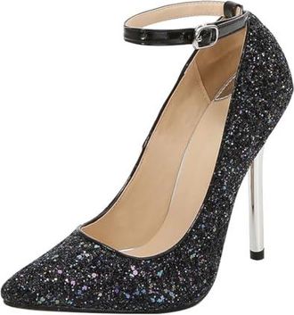 Minetom Femme Élégant Escarpins Similicuir Bout Pointu Pumps Chaussures à Bride Cheville Talon Aiguille Haute Chaussure de Soirée Mariage Bureau B Noir 39 EU