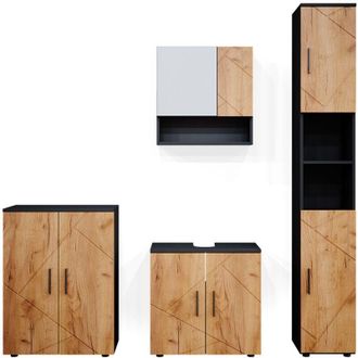 Vicco Badmöbel-Set Irma, Goldkraft Eiche/Anthrazit, 4 Teile, mit Hochschrank und Kommode