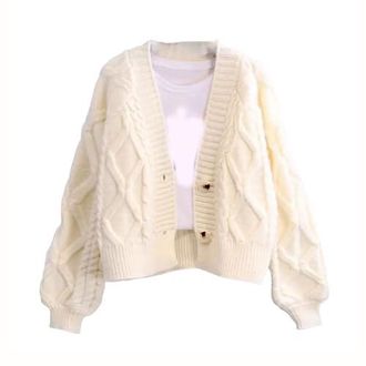 Generic Cardigan tricot&eacute; pour femme - Printemps - L&acirc;che - SLE - Haut boutonn&eacute; - Manches longues - Col en V, ecru, Taille XL