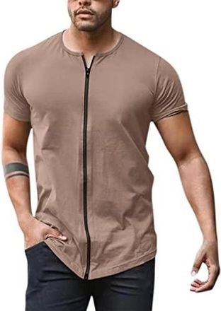 Generic Chemise décontractée et élégante à manches courtes pour homme, avec fermeture éclair, pour la gym, la course à pied, le sport, kaki, 3XL