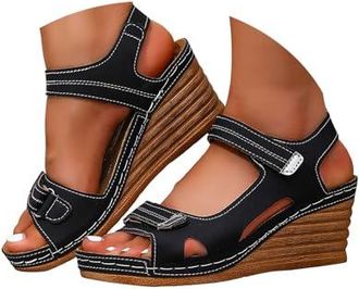 Generic Sandales compens&eacute;es orthop&eacute;diques pour femme 2025 - Sandales d&eacute;t&eacute; habill&eacute;es en li&egrave;ge - Bout ouvert - Sangle de cheville - Style boh&egrave;me - Confortables 