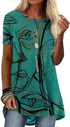 ORANDESIGNE T-Shirt Long pour Femme à Manche Courte T-Shirt Col Rond Blouse Eté Ample Casual Tops Imprimé Colorées Tee Shirt Mode Tops T-Shirt Lâche Haut Long Blo