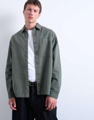 Topman Langärmlige Hemdjacke in verwaschenem Khaki-Grün