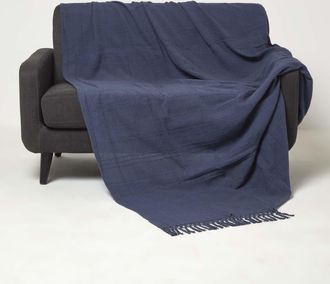 Homescapes Kashi XXL-Tagesdecke blau 255x360 cm, große Baumwolldecke mit Fransen, Überwurf für Sofa oder Bett