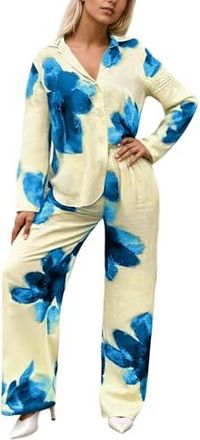 Generico Pyjama pour femme doux et confortable 2 pi&egrave;ces avec t-shirt pour femme et pantalon long avec poches, v&ecirc;tement de maison, automne et hiver, bleu, XS